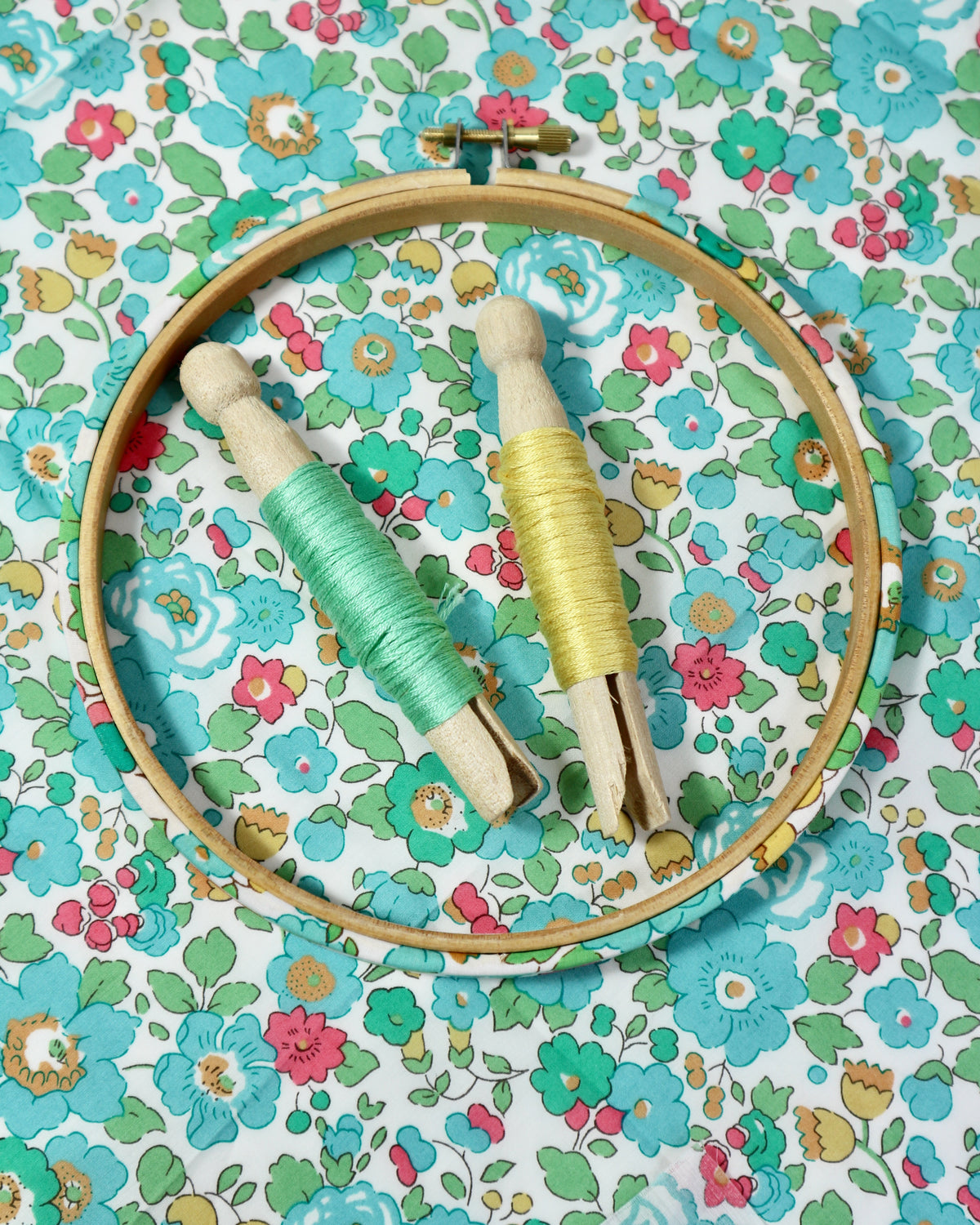 Turquoise Fabric Covered Embroidery hoops. 'Betsy D' Print – StitchKits ...