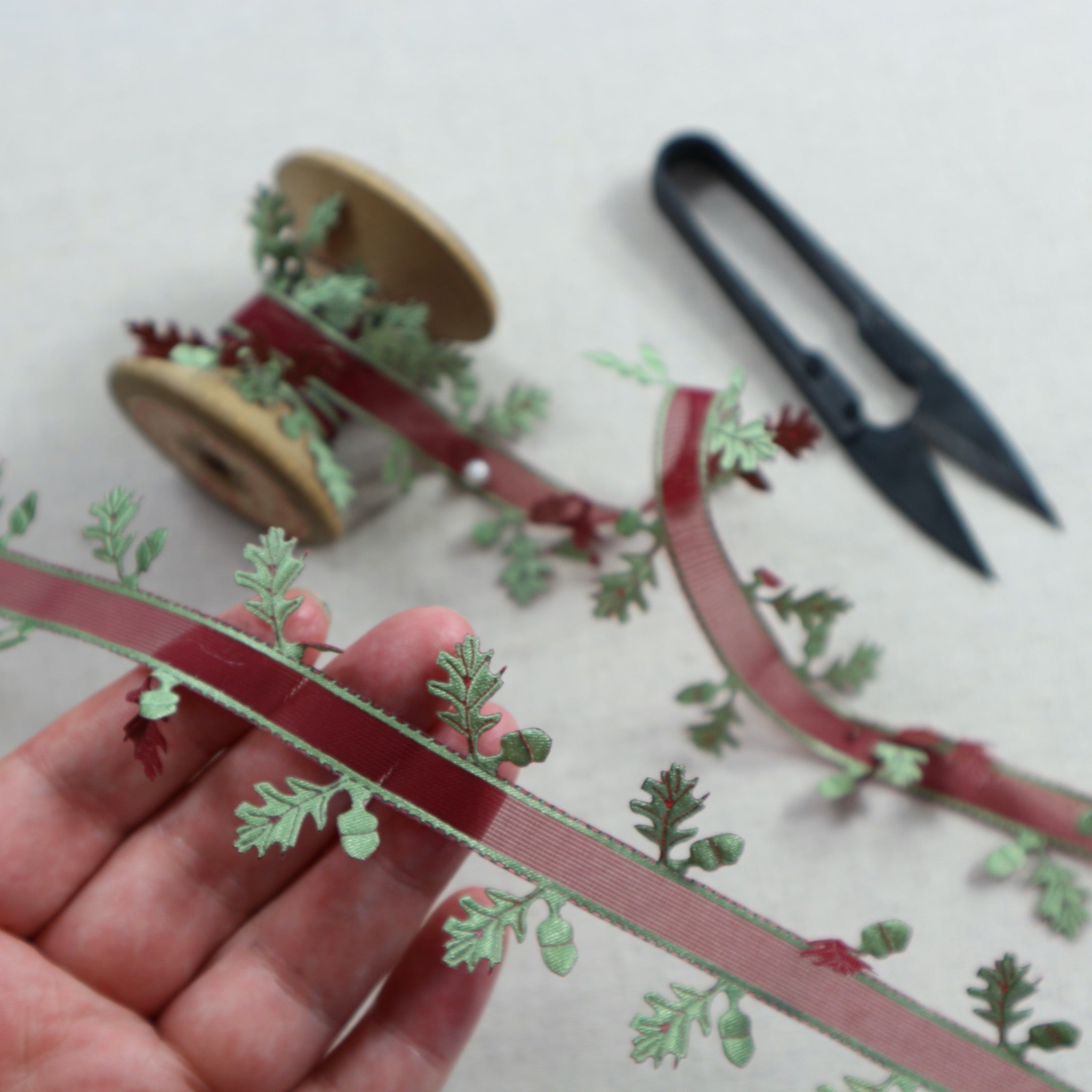 Oak Leaf Ribbon with Red Sheer Centre and Green Leaf Edging ...